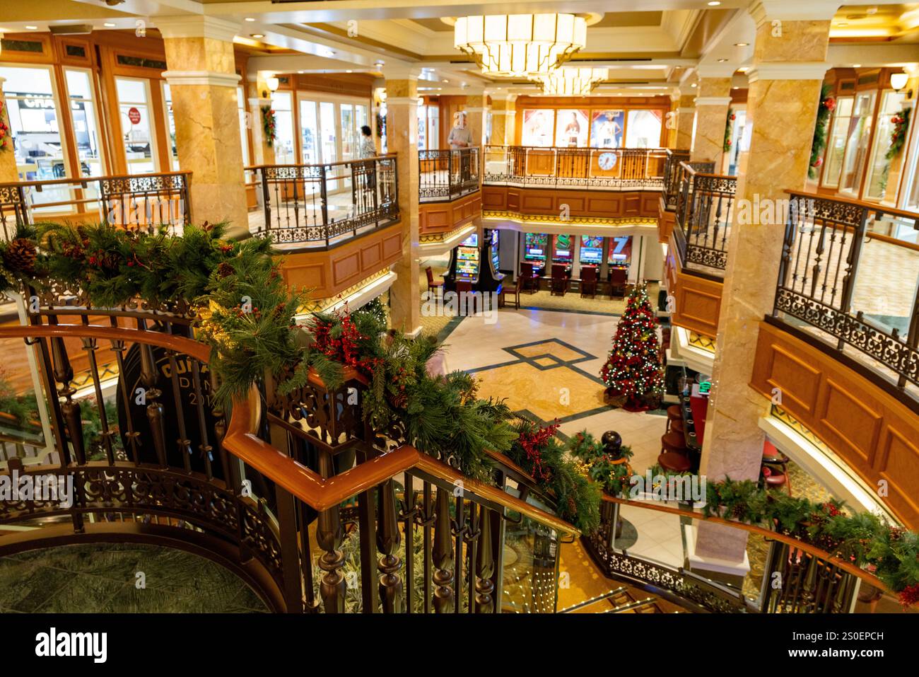 Christmas decorations in the lobby on MS QUEEN ELIZABETH cruise ship ...