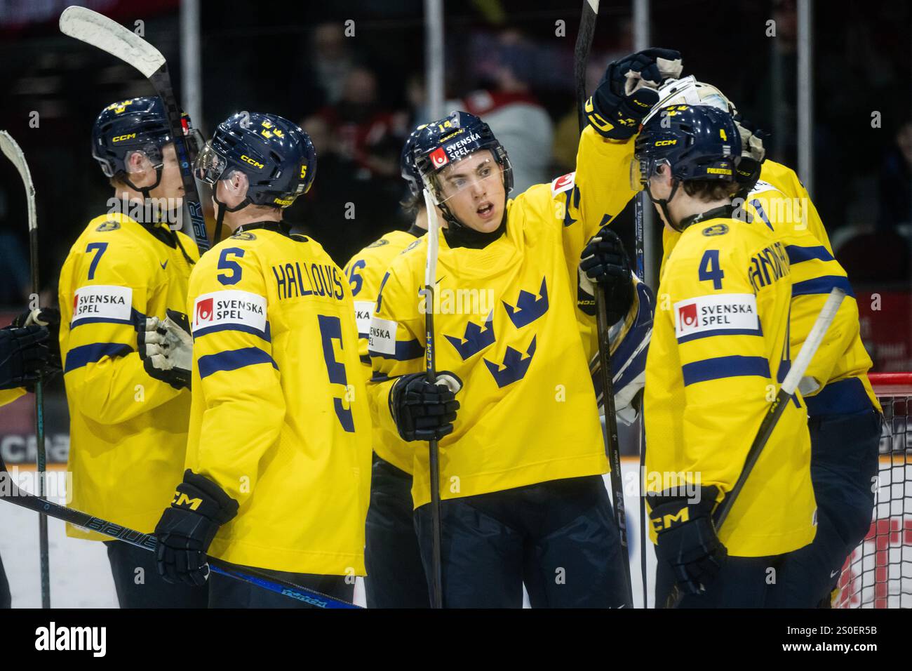 Linus Eriksson of, Sweden. , . celebrates with team mates after the ...