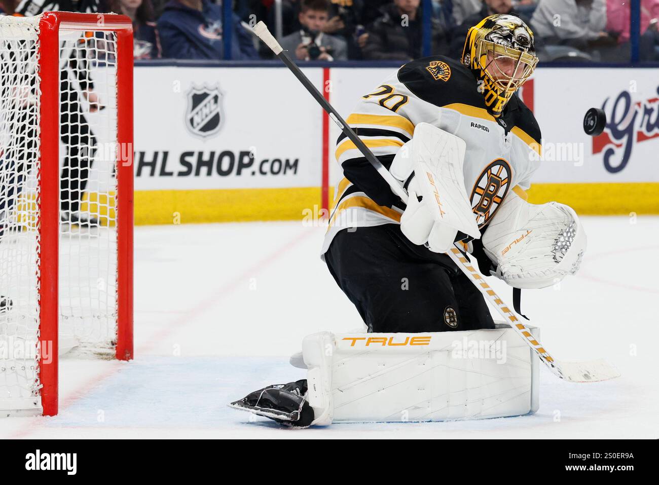 Boston Bruins' Joonas Korpisalo makes a save against the Columbus Blue ...