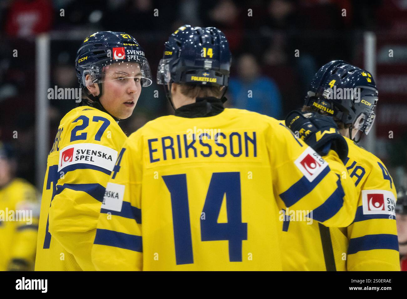 David Granberg and Linus Eriksson of, Sweden. , . during the 2025 IIHF ...