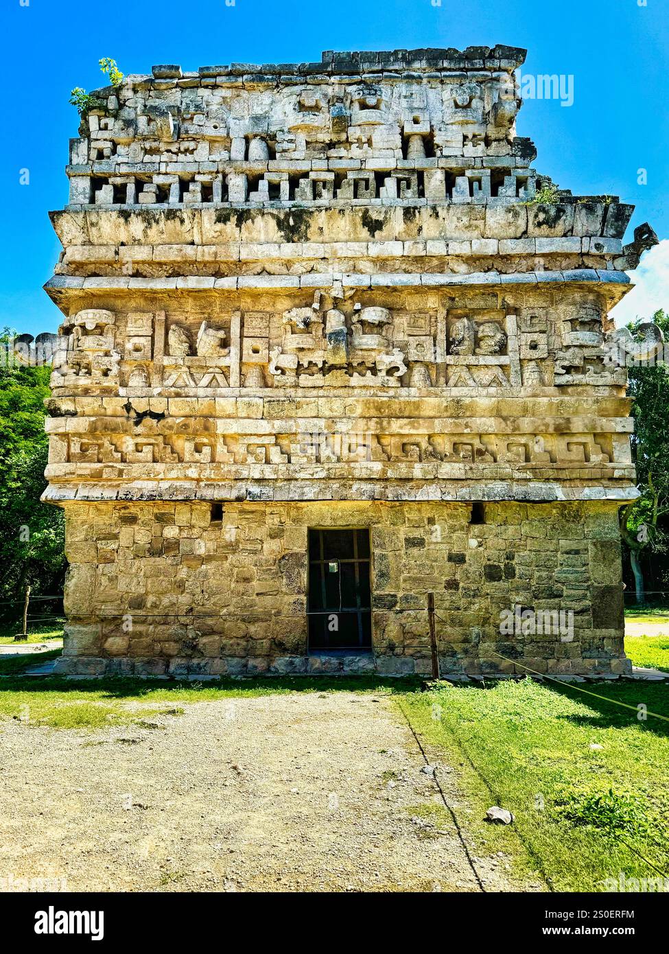 View of the Church or Iglesias,Mayan temple with Chac figure heads in ...