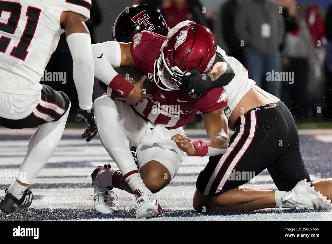 Arkansas quarterback Taylen Green (10) is sacked in the end zone for a ...