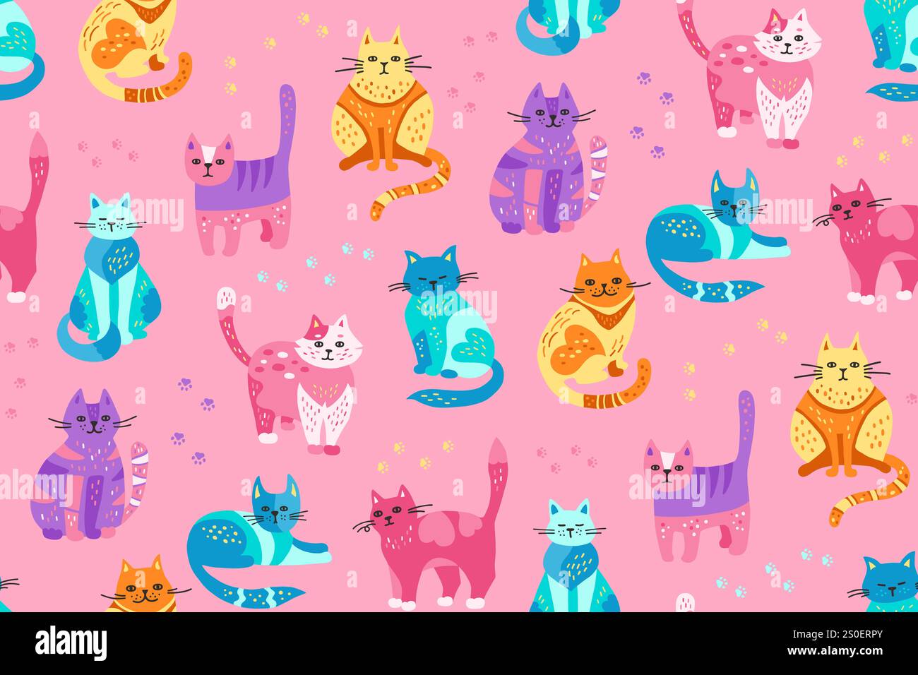 Cats hand drawn childish seamless pattern. Cute cartoon kitten repeat ...