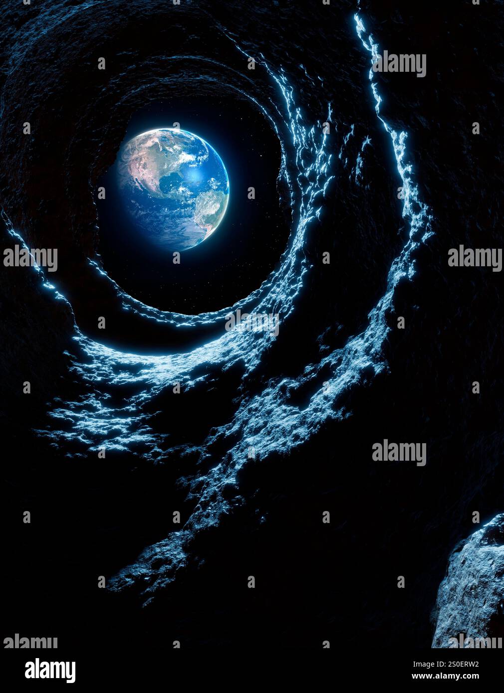 Digital illustration showing a cave on the Moon, with the Earth visible ...