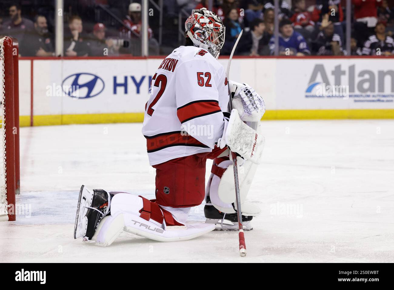 Carolina Hurricanes goaltender Pyotr Kochetkov reacts after giving up a ...