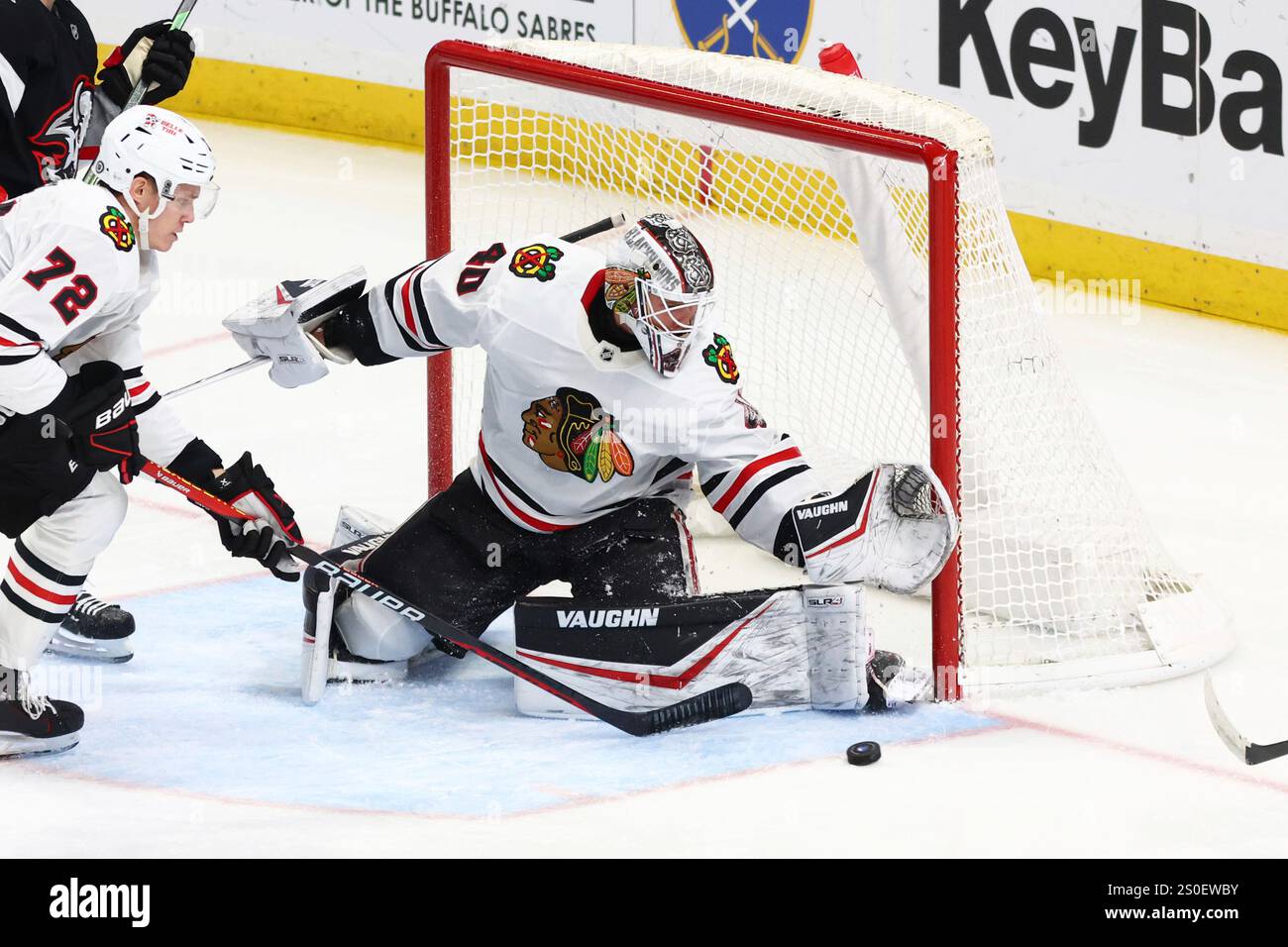 Chicago Blackhawks goaltender Arvid Soderblom (40) makes a save during the third period of an ...