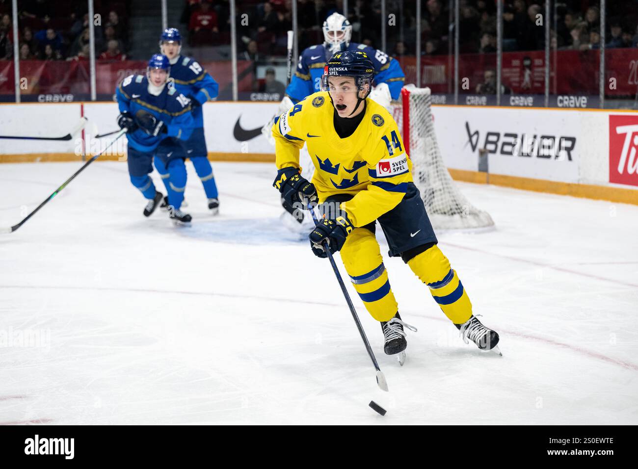 Linus Eriksson of, Sweden. , . during the 2025 IIHF World Junior ...