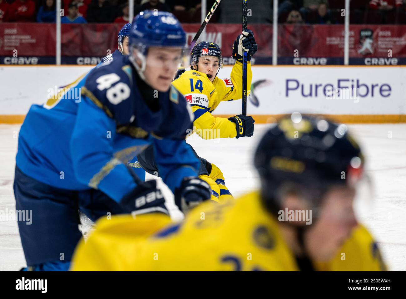 Linus Eriksson of, Sweden. , . during the 2025 IIHF World Junior ...