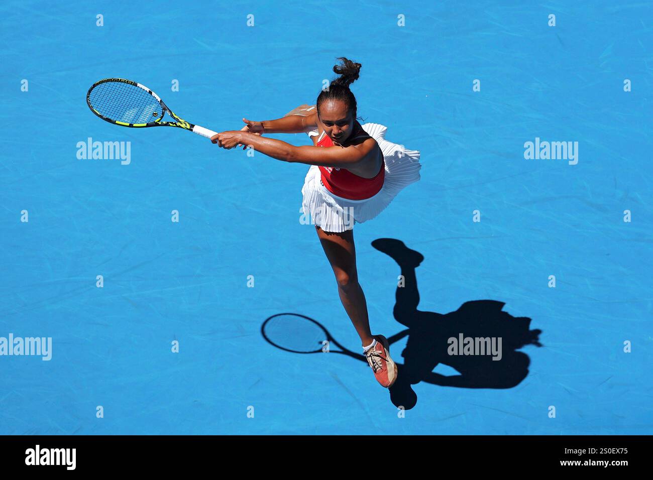Leylah Fernandez of Canada plays a forehand shot to opponent Donna ...