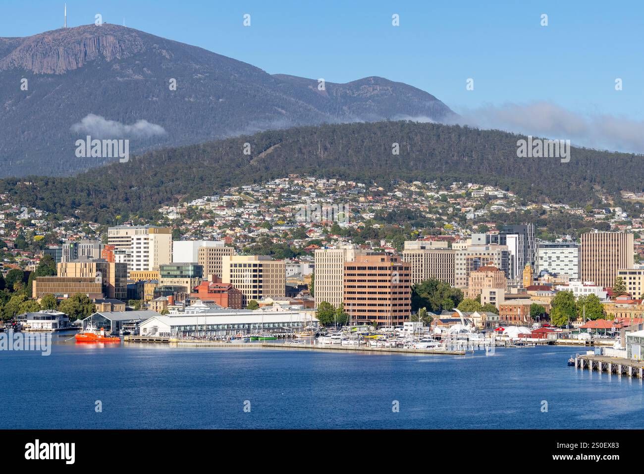 Waterfront Hobart, view of Hobart port and city centre skyline with ...