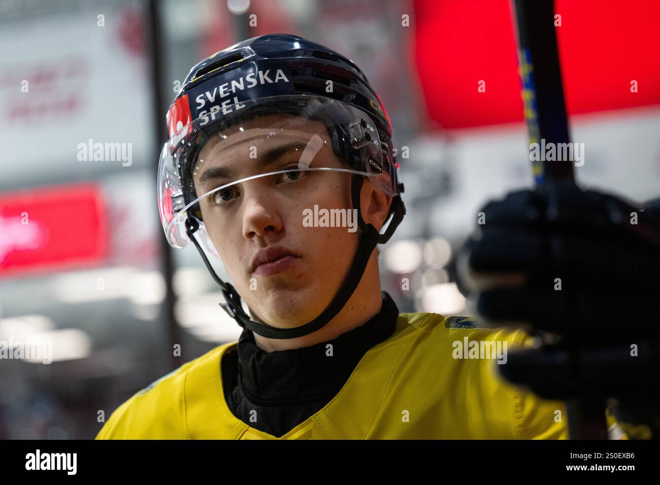 Linus Eriksson of, Sweden. , . ahead of the 2025 IIHF World Junior ...
