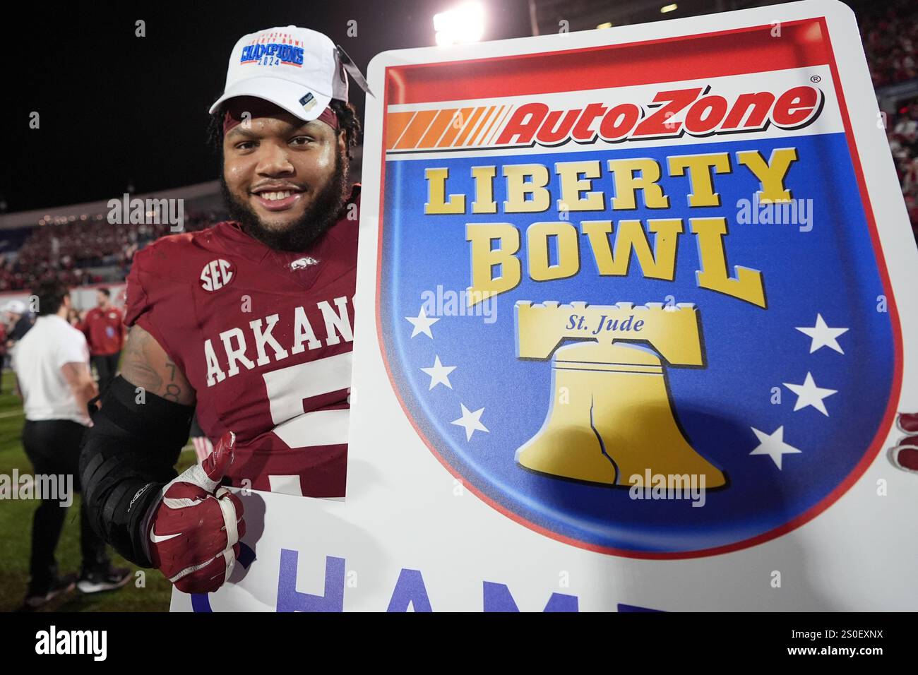 Arkansas defensive lineman Cameron Ball (5) celebrates the team's win ...