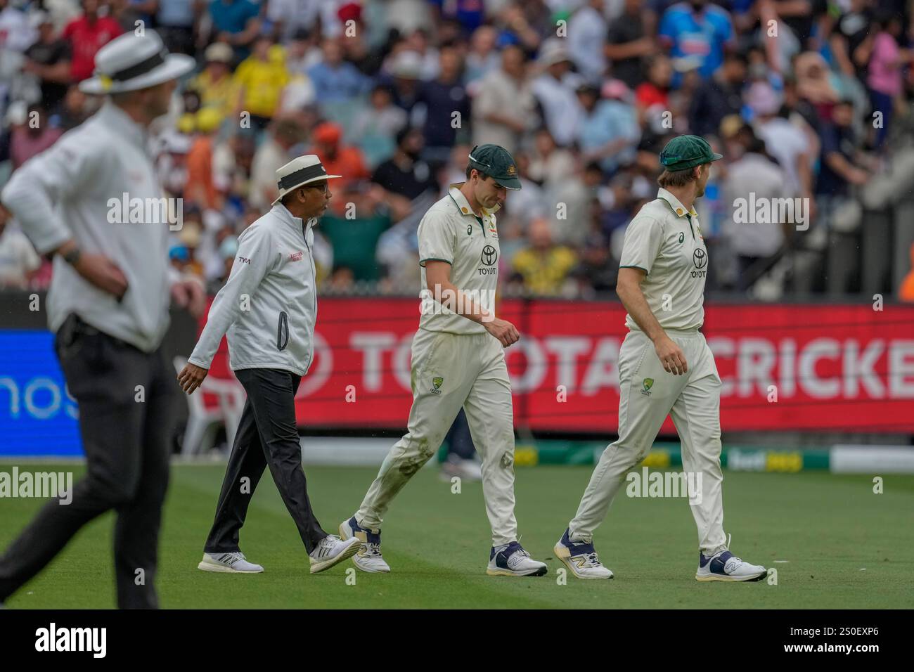 Australian players and umpires leaves the field as rain stops play ...