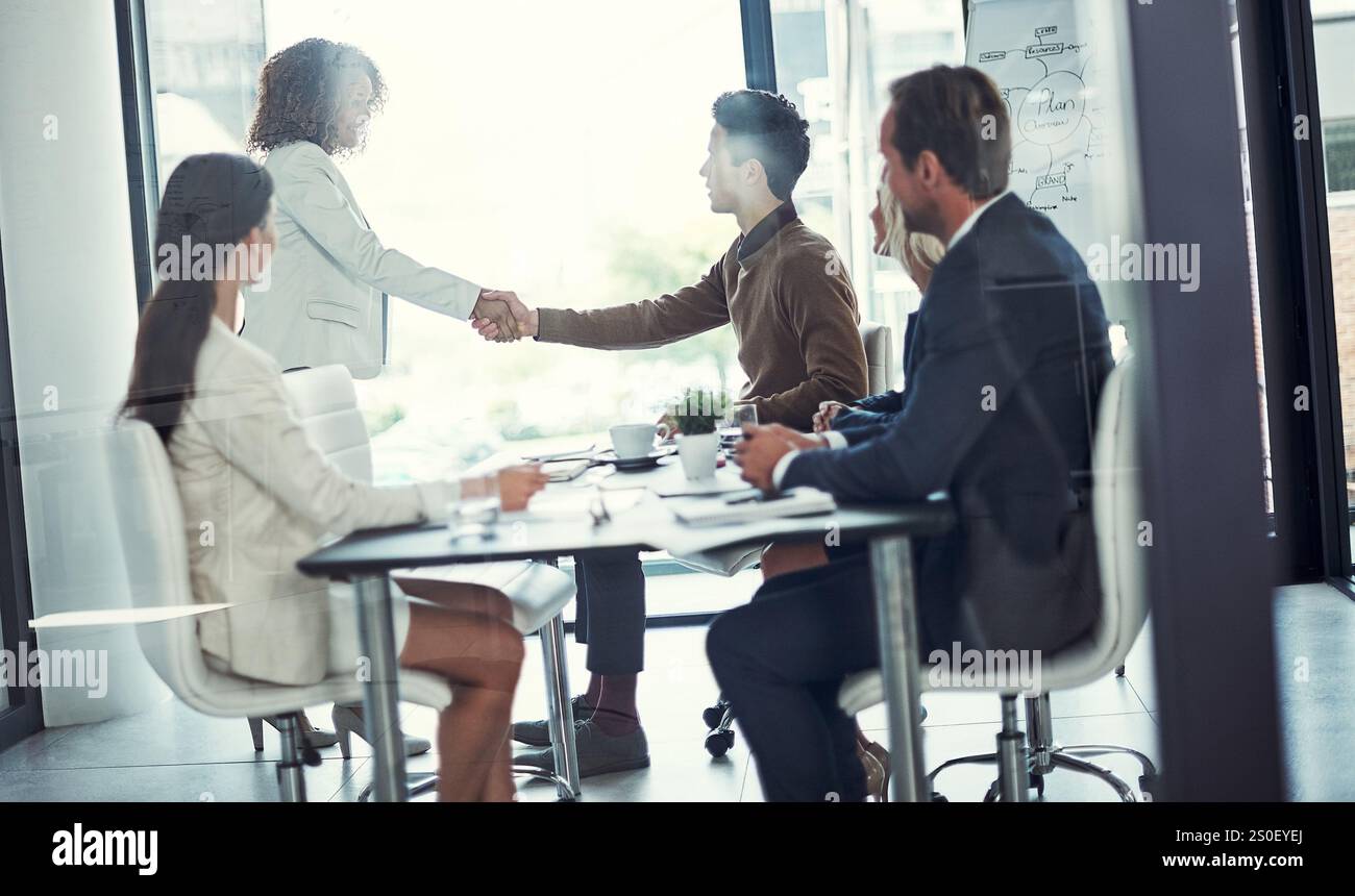 Handshake, welcome and thank you with business people in meeting for ...