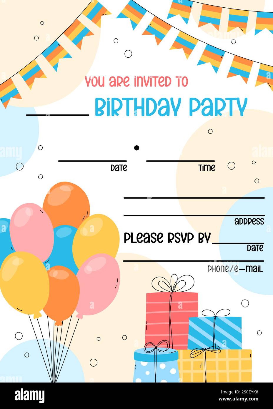 Birthday invitation template. Cute fun elements. Funny colorful kid ...