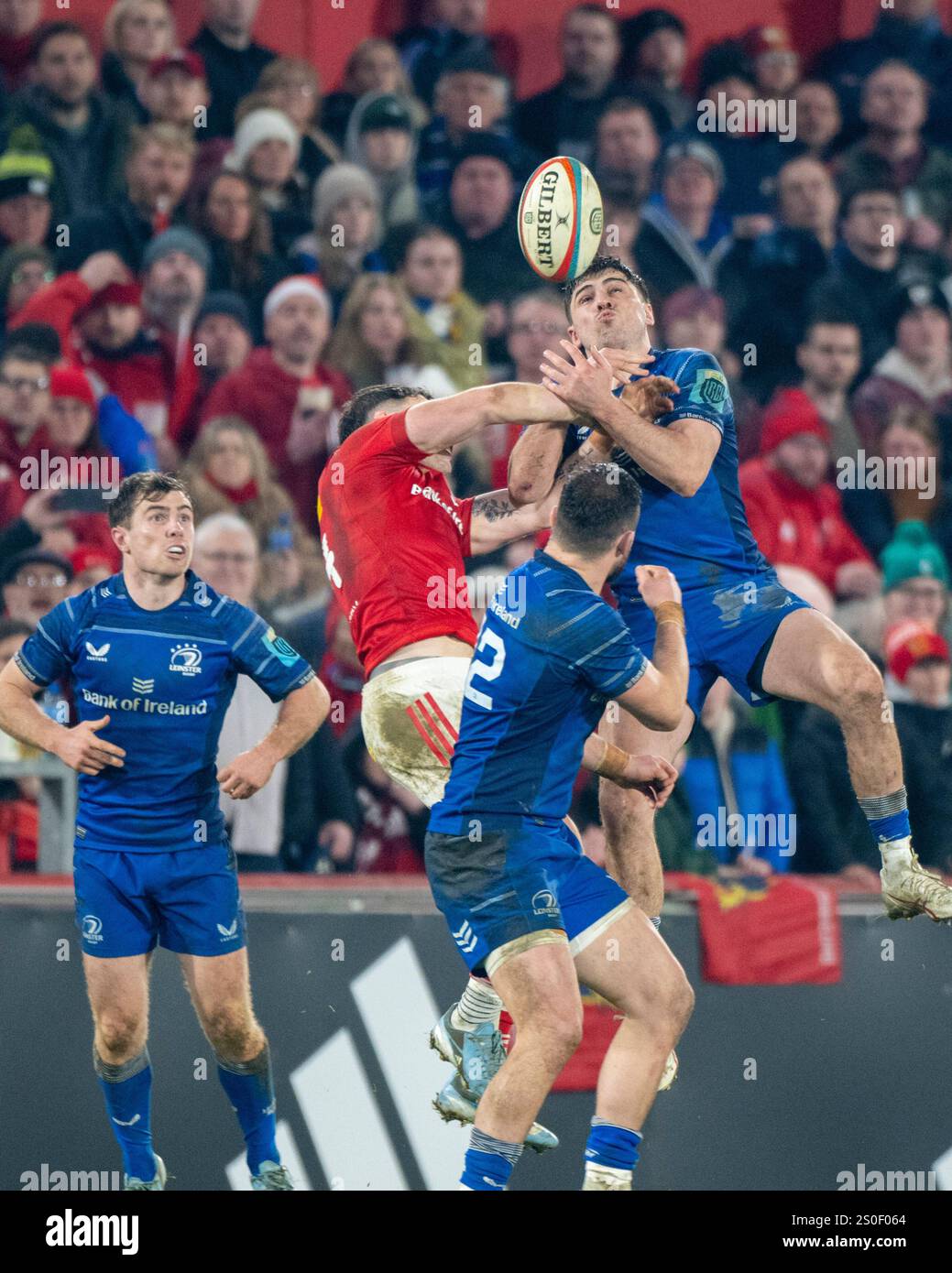 Limerick, Ireland. 28th Dec, 2024. Jimmy O'Brien of Leinster jumps for ...