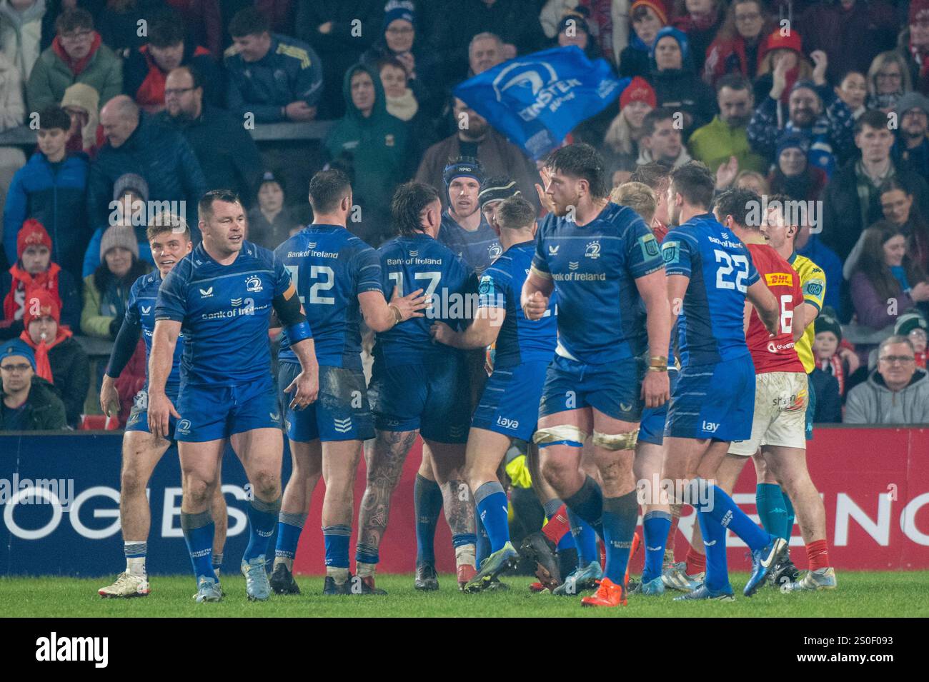 Limerick, Ireland. 28th Dec, 2024. Caelan Doris of Leinster celebrates ...