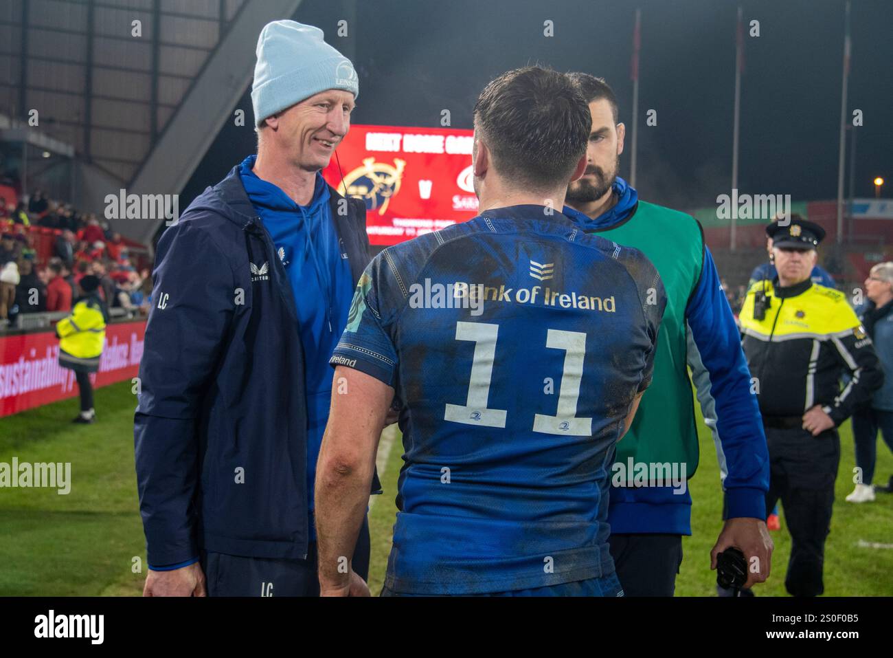 Limerick, Ireland. 28th Dec, 2024. The Leinster Head Coach Leo Cullen and Max Deegan talk to ...