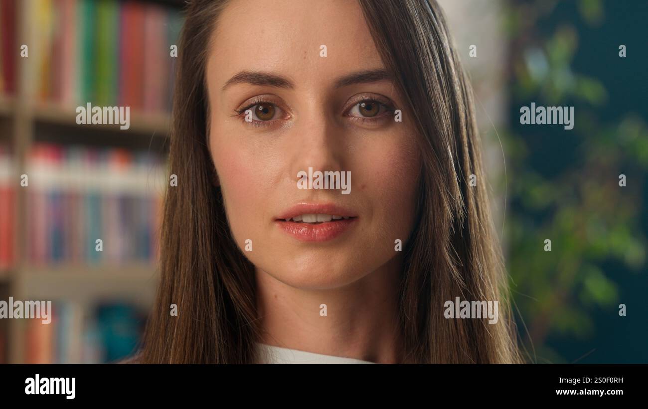 Close up face Caucasian woman female girl businesswoman student library ...