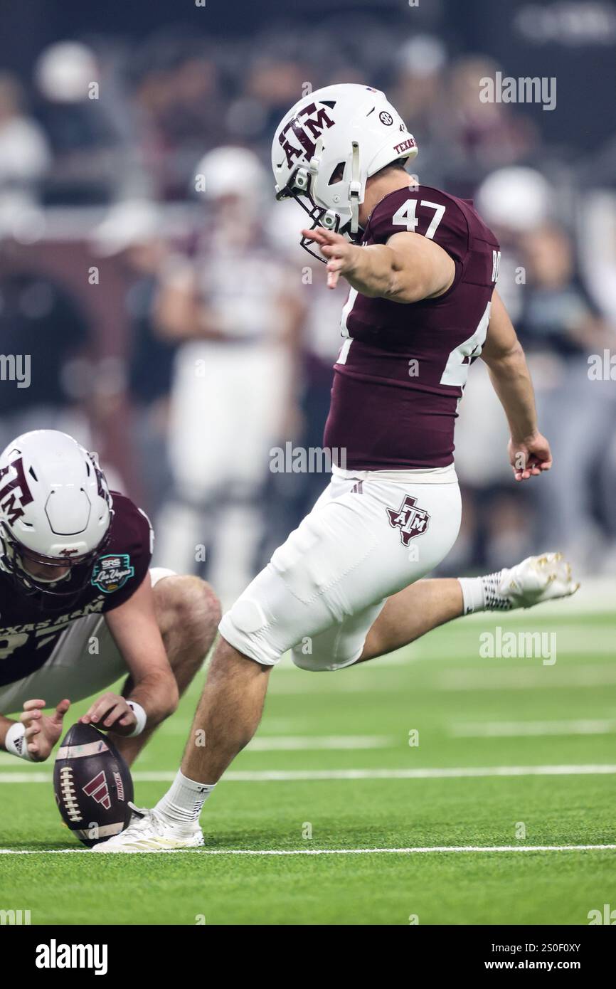 Las Vegas, USA. December 27, 2024: Texas A&M Aggies place kicker Randy ...