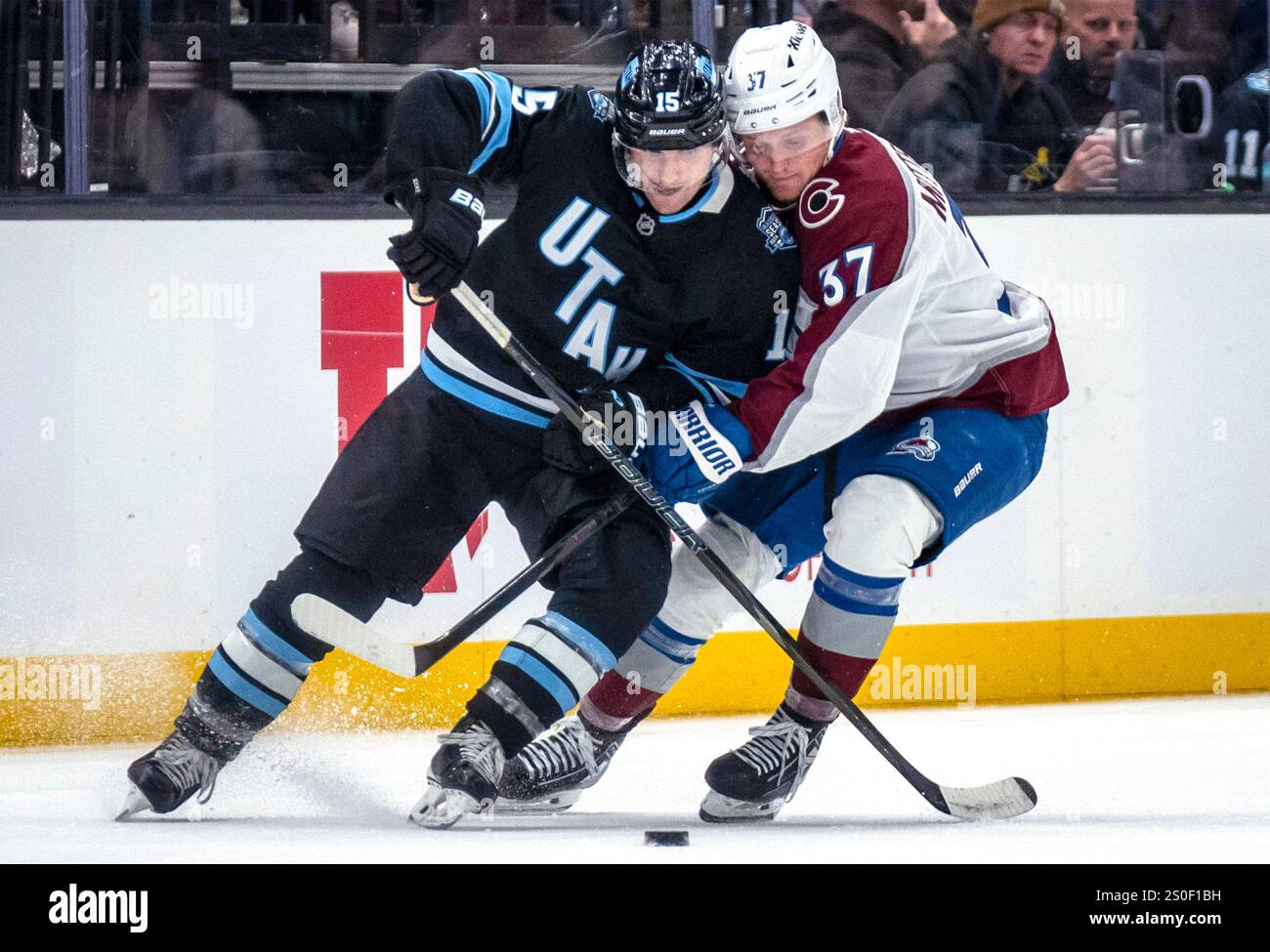 Colorado Avalanche center Casey Mittelstadt (37) and Utah Hockey Club ...