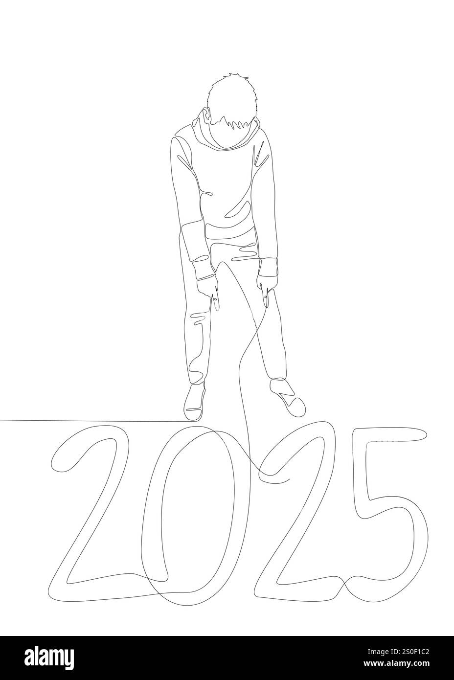 One continuous line of Man pointing with finger at number 2025. Thin ...