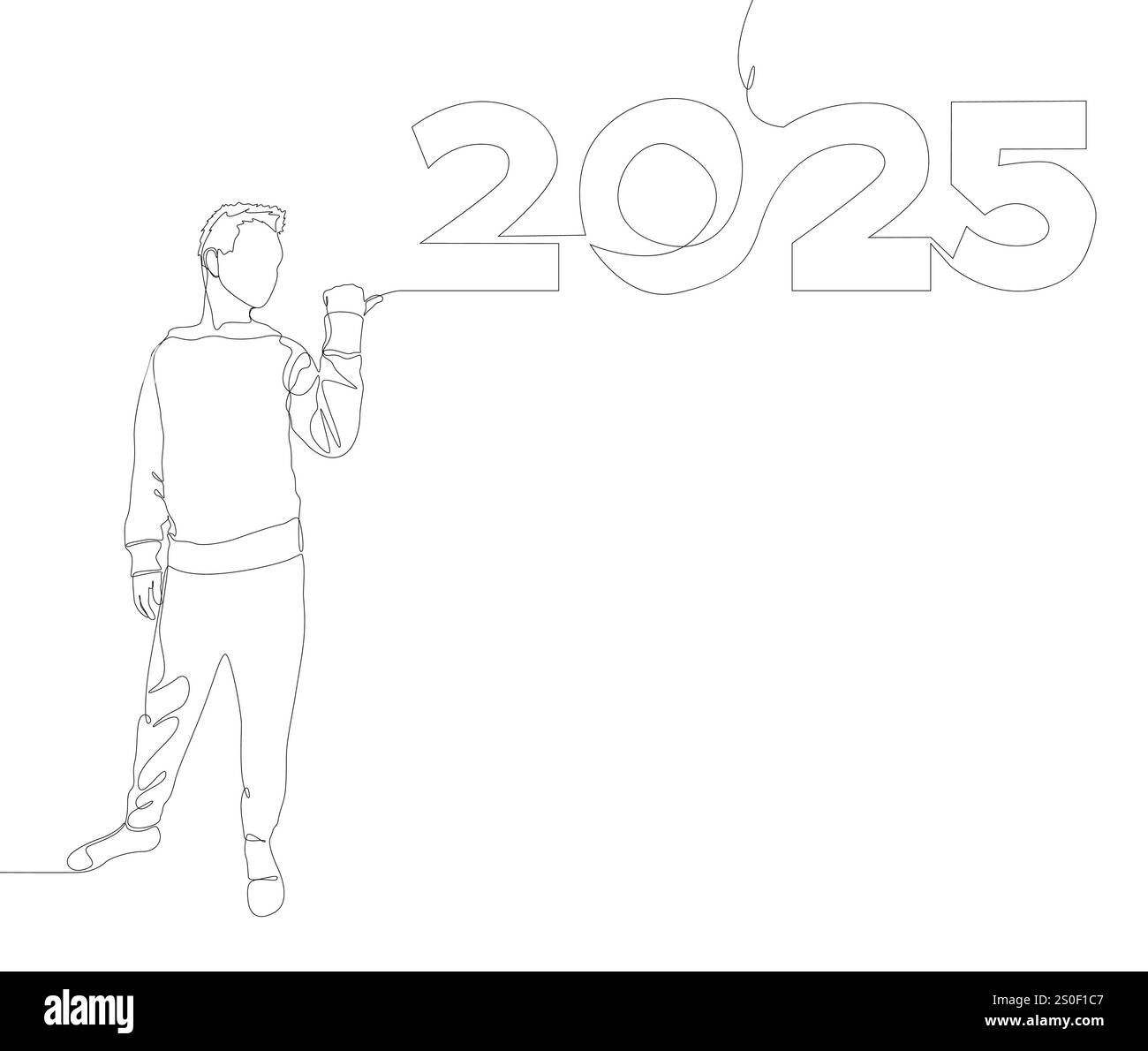 One continuous line of Man pointing with finger at number 2025. Thin ...