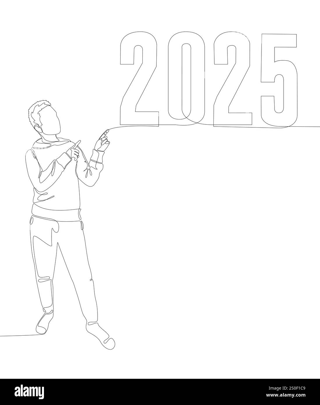 One continuous line of Man pointing with finger at number 2025. Thin ...