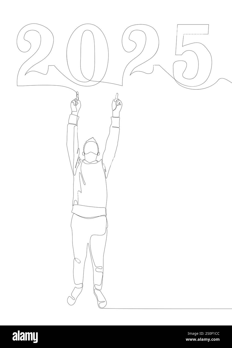 One continuous line of Man pointing with finger at number 2025. Thin ...