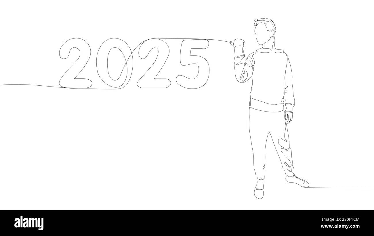 One continuous line of Man pointing with finger at number 2025. Thin ...
