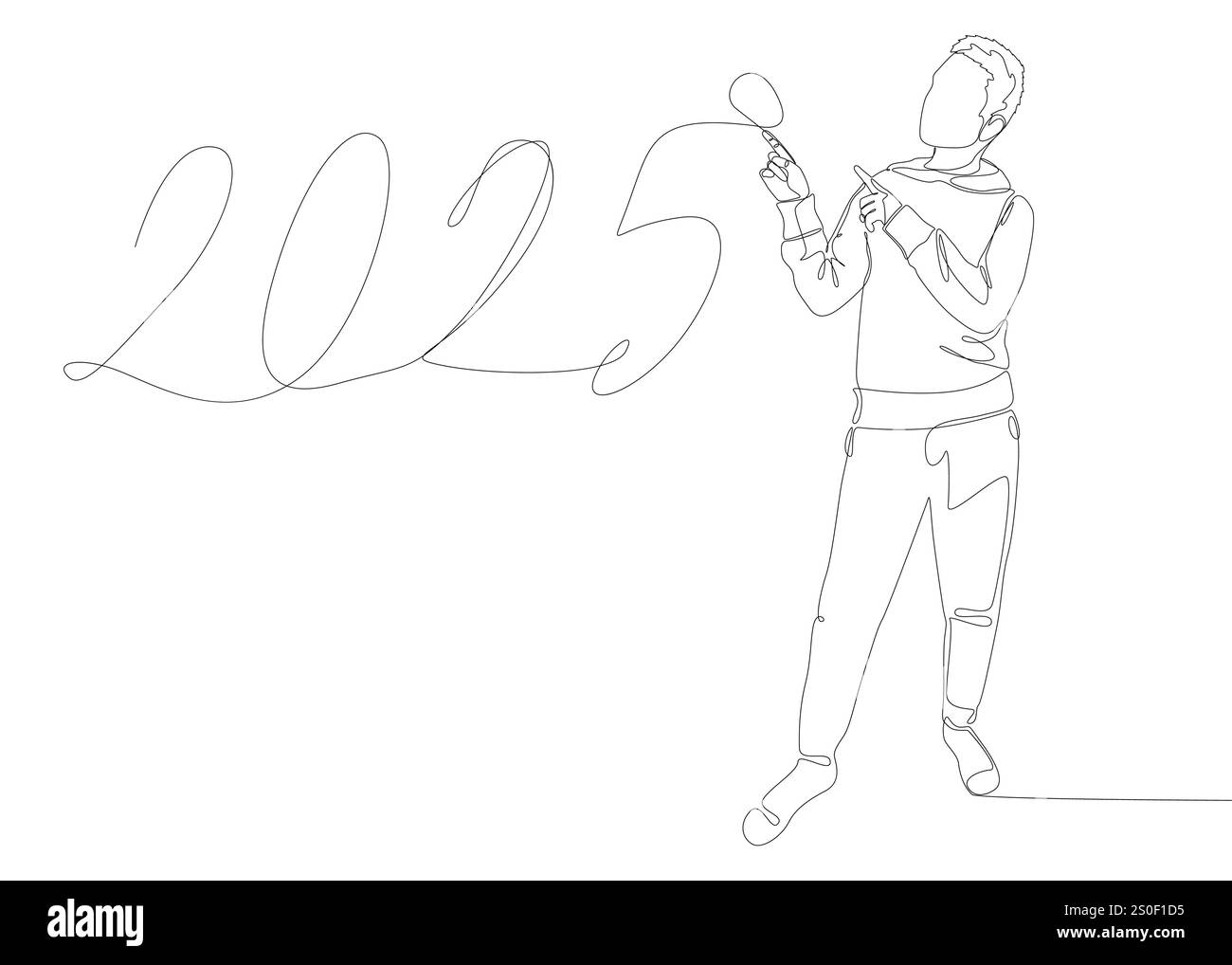 One continuous line of Man pointing with finger at number 2025. Thin ...