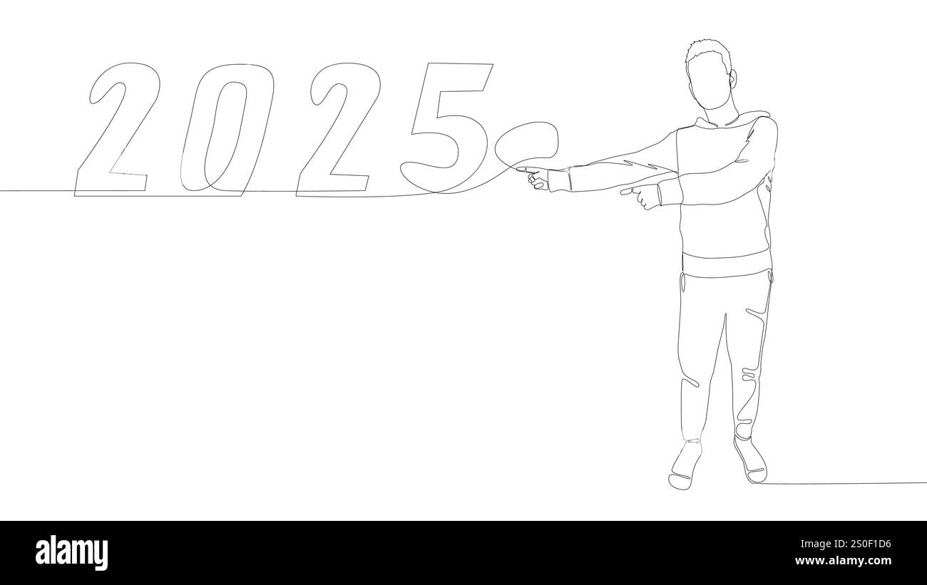 One continuous line of Man pointing with finger at number 2025. Thin ...
