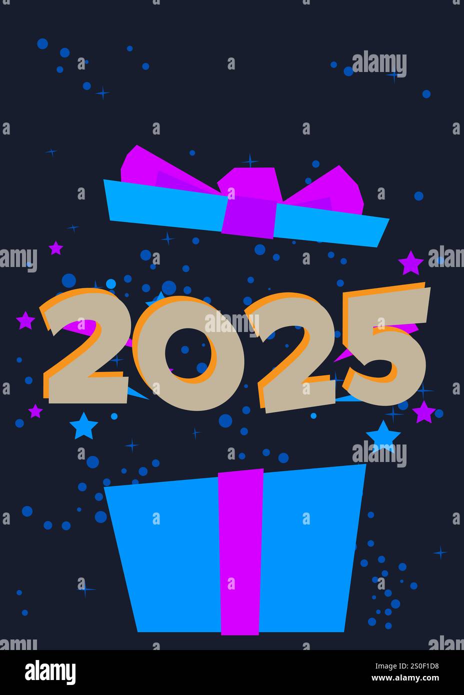 Cartoon Gift Box with number 2025. Vector illustrated wrapped package ...