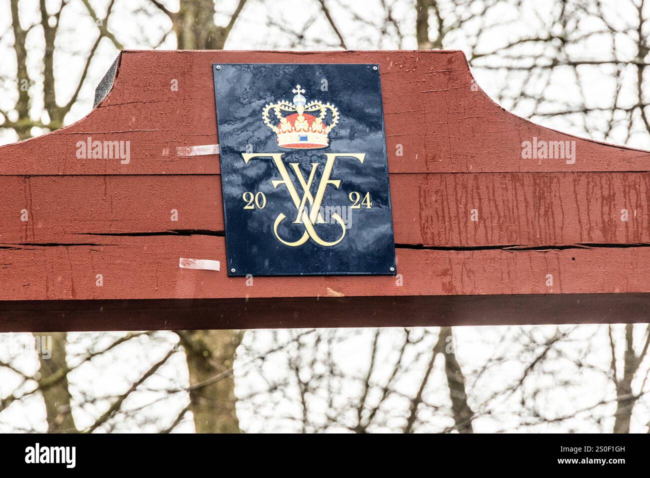 The new Frederik X sign (monogram) is displayed on the gate as HM Queen ...