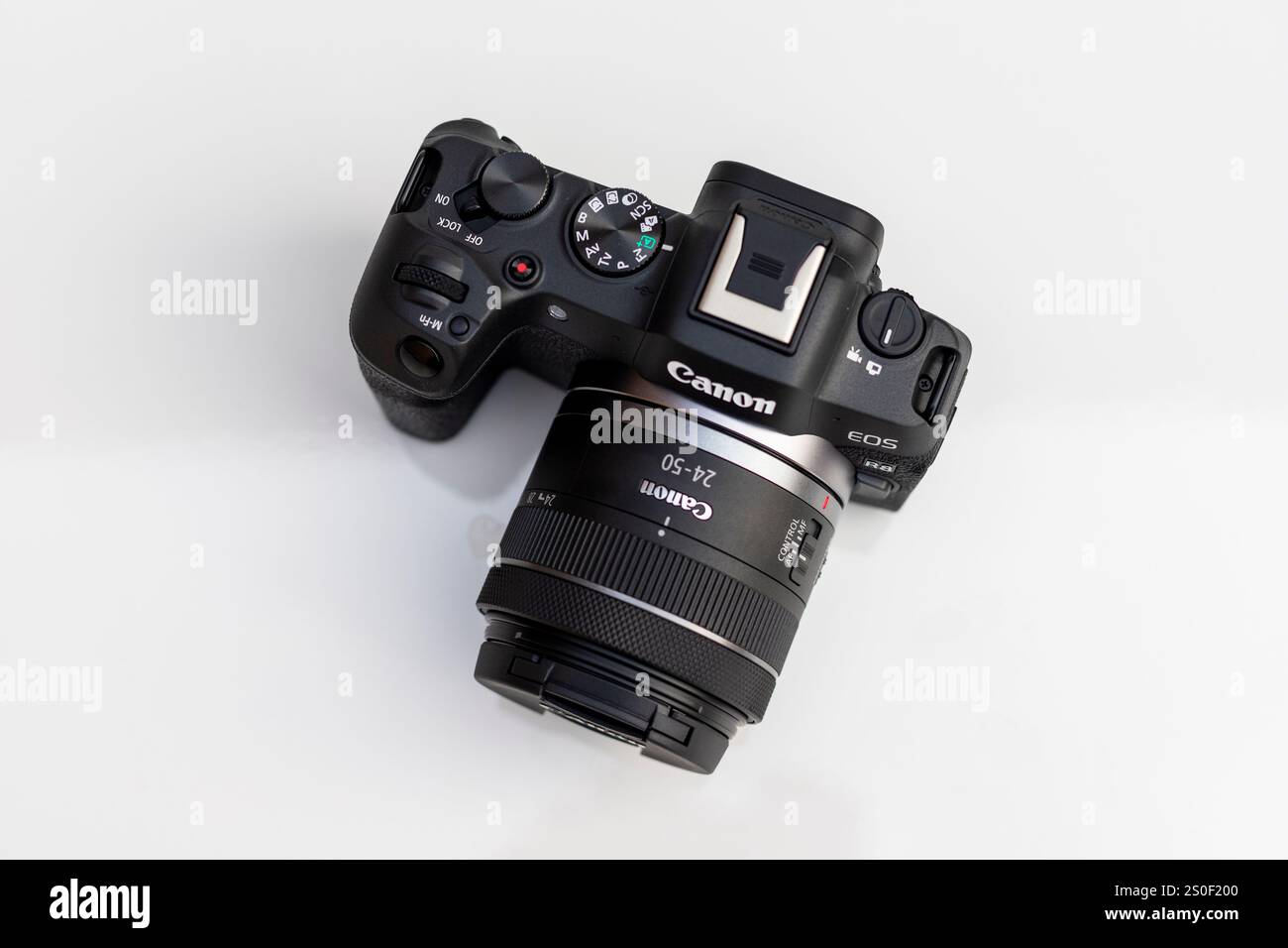 Top view of a Canon EOS R8 mirrorless digital camera with RF 24-50mm f ...