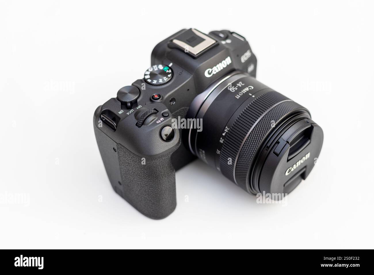 Close up of a Canon EOS R8 mirrorless camera with 24-50 mm STM lens ...