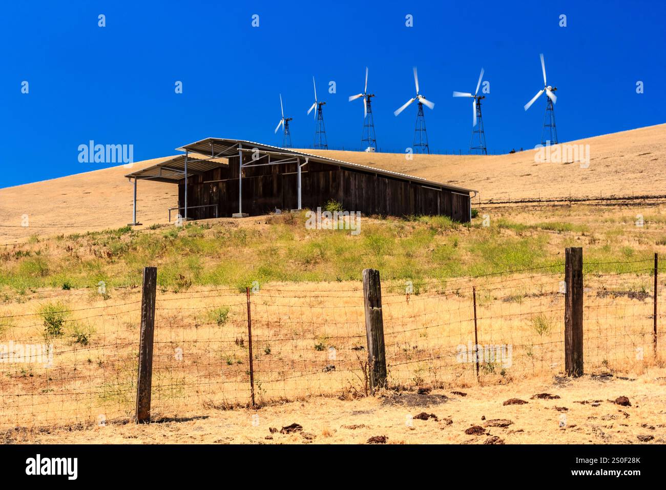 A wind farm with five wind turbines on a hill. The wind farm is located ...
