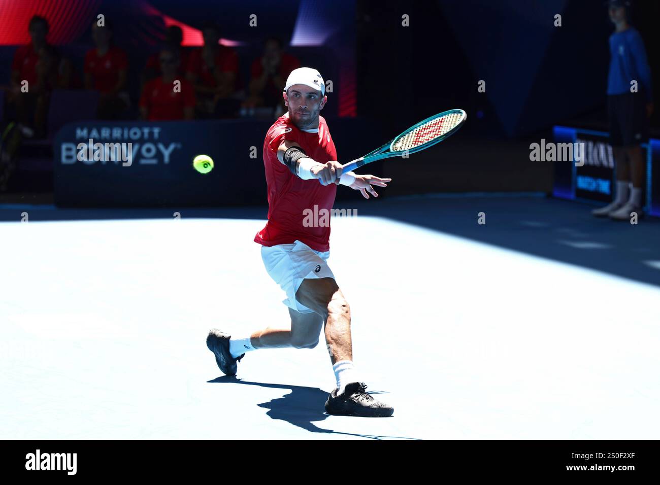 Borna Coric of Croatia plays a backhand shot to opponent Felix Auger ...