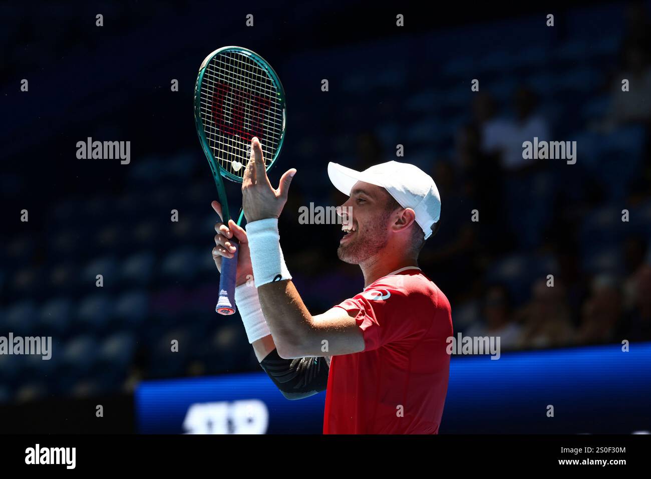 Borna Coric of Croatia reacts to a line call during his United Cup ...