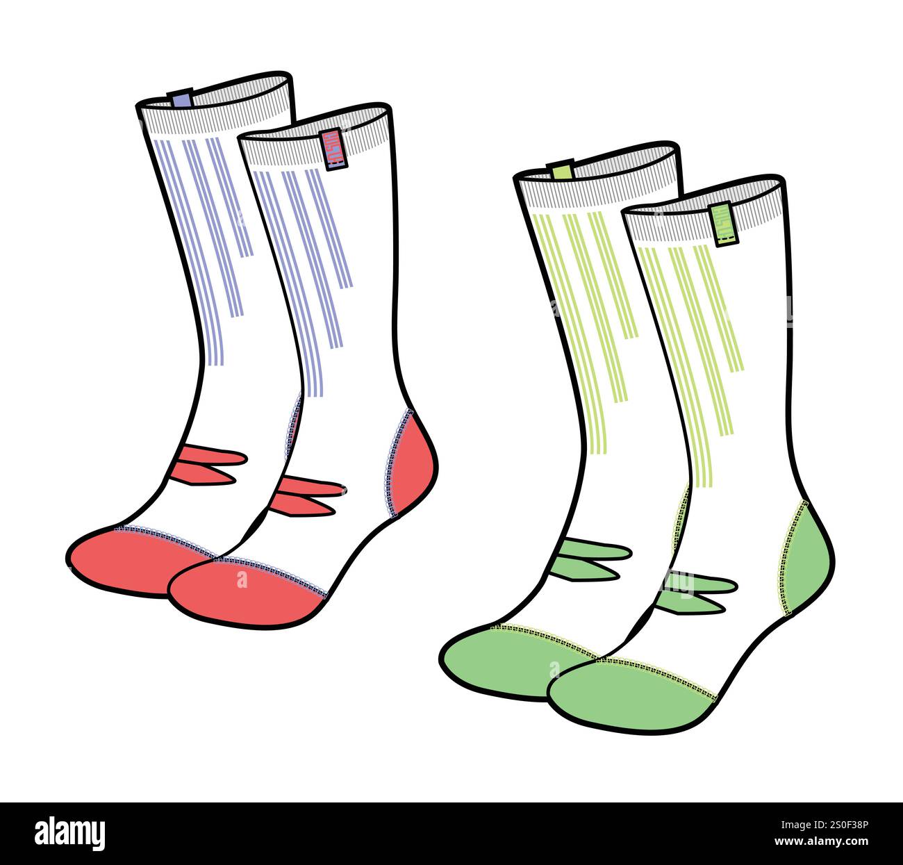 Mid calf socks womens flat sketch vector mockup template technical ...