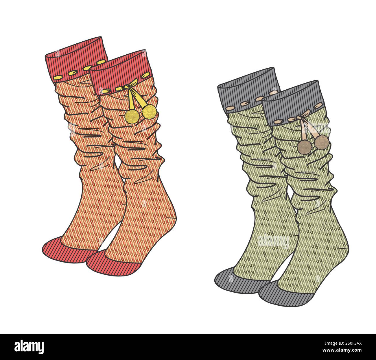 Pom pom knit socks vector design technical flat drawing Stock Vector ...