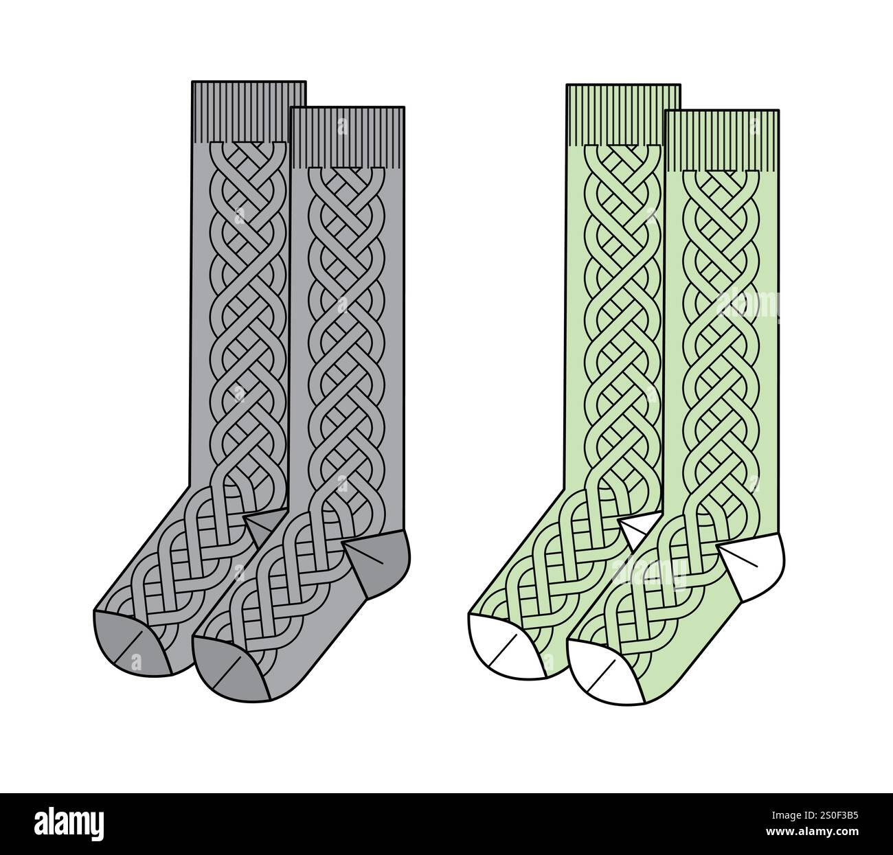 Female cable knit wool socks flat drawing vector design mockup template ...