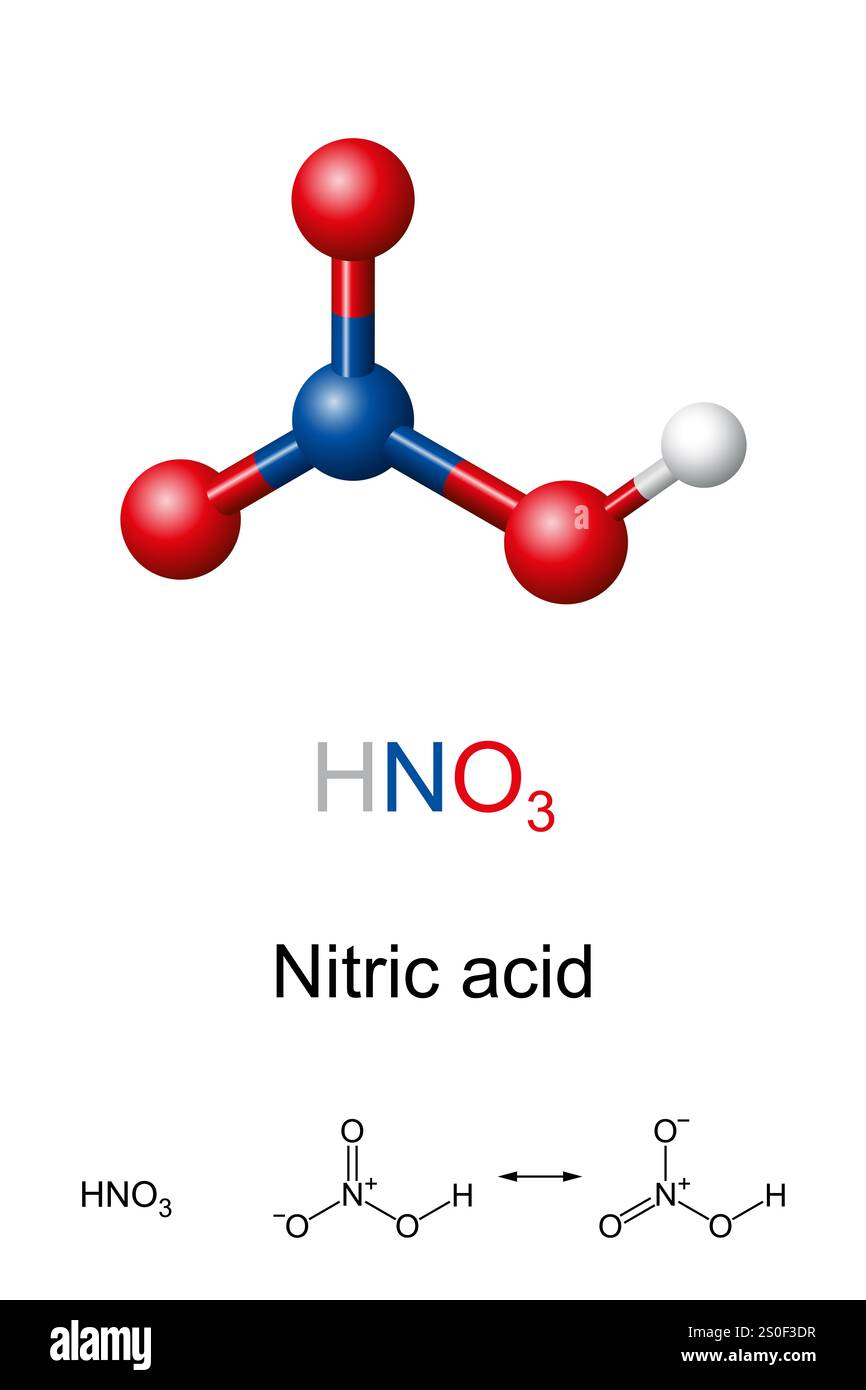 Nitric acid, HNO3, molecule model and chemical structure. Inorganic compound, corrosive mineral ...