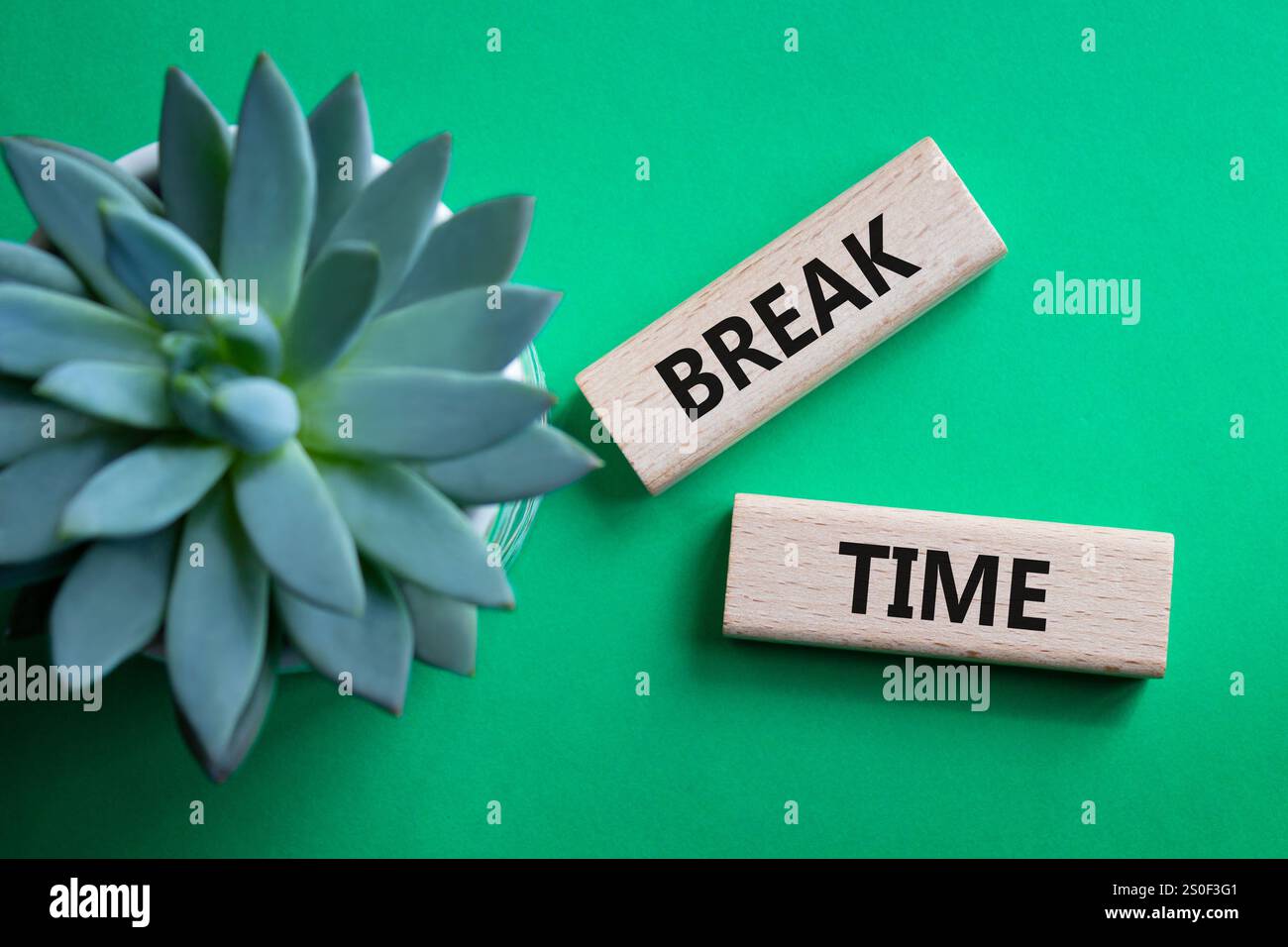 Break Time symbol. Concept word Break Time on wooden blocks. Beautiful green background with ...