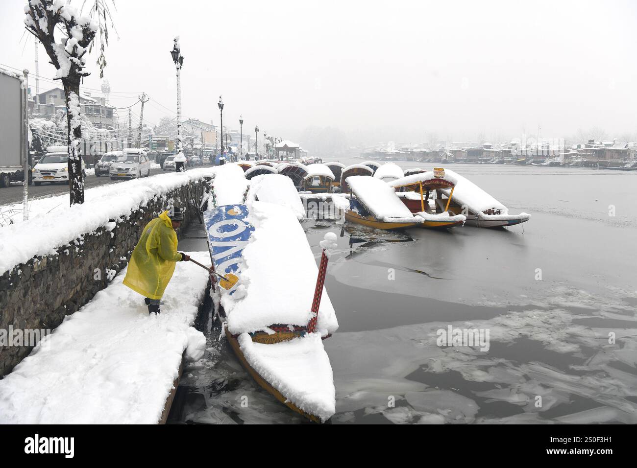 Srinagar, Jammu And Kashmir, India. 28th Dec, 2024. A boatman clears ...