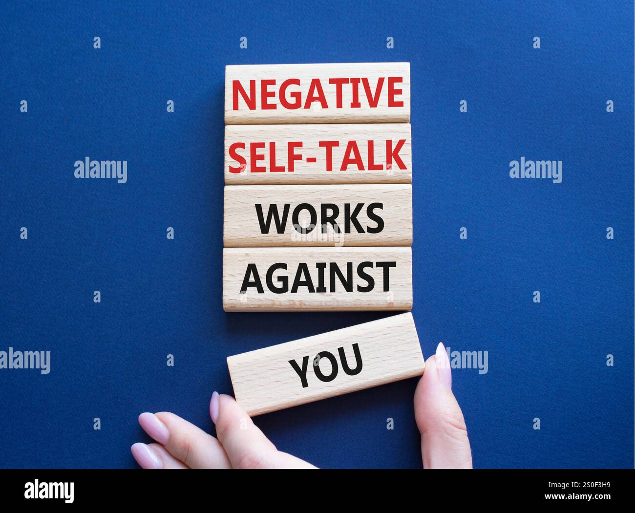 Negative self-talk works against you symbol. Concept words Negative ...