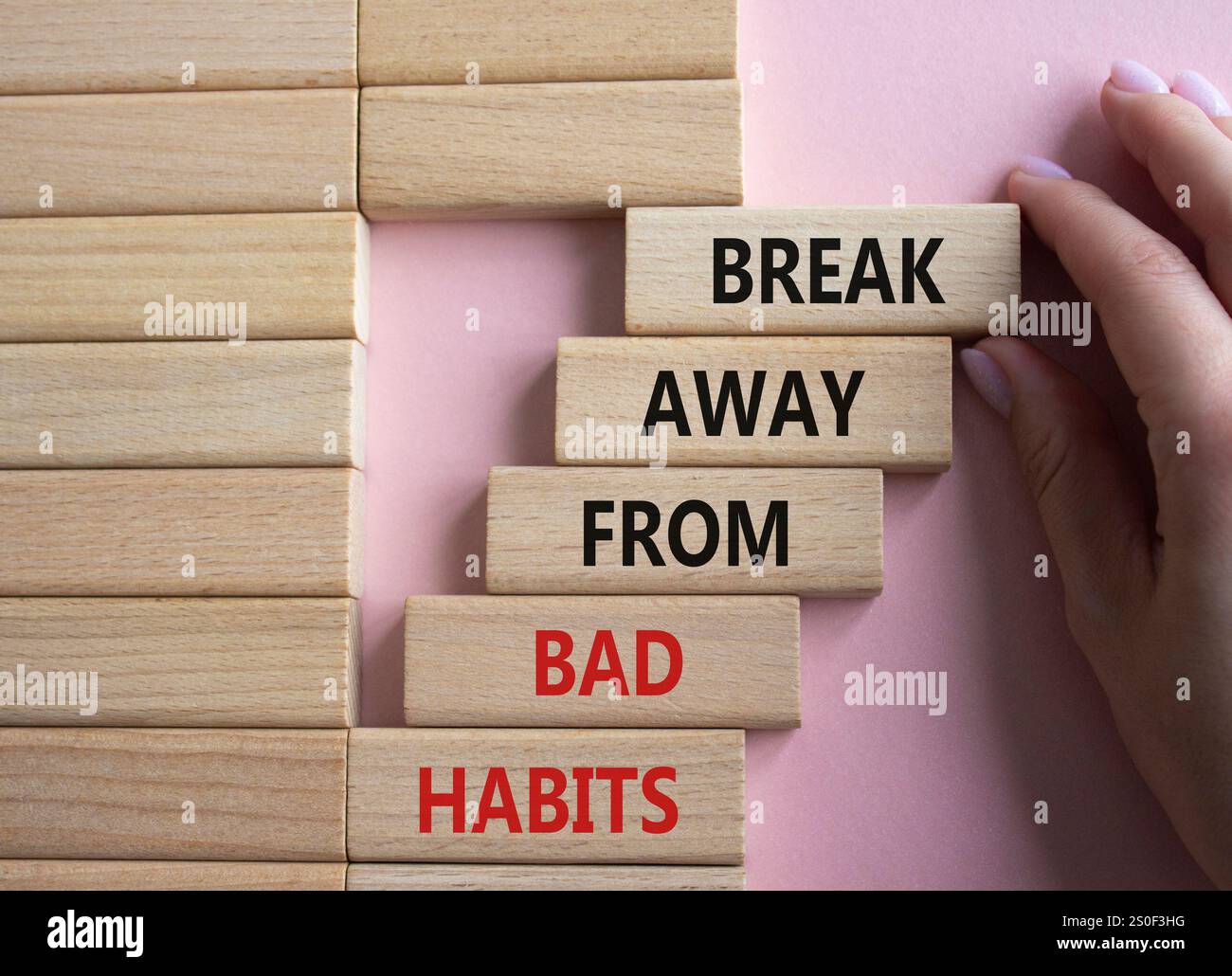 Break away from bad habits symbol. Wooden blocks with words Break away ...