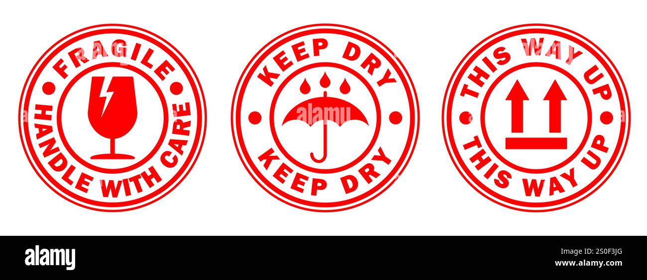 Fragile round circle stamp sticker icon symbol set. Handle with care logo sign. Keep dry, This ...