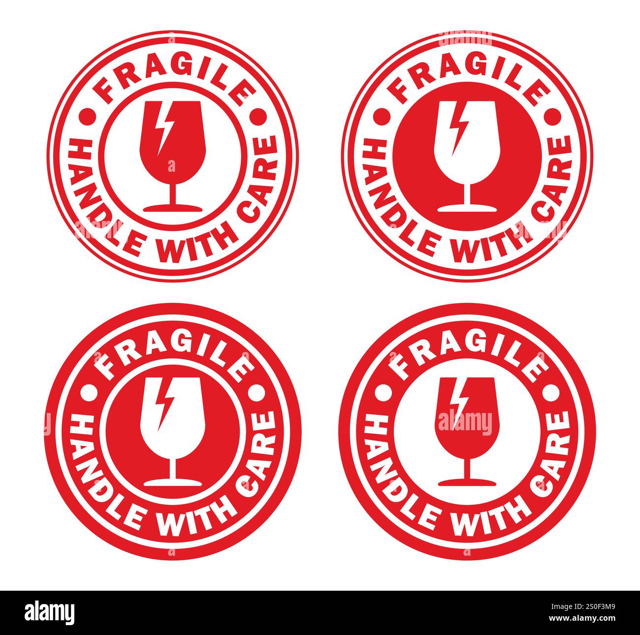 Fragile round circle stamp sticker icon symbol set. Handle with care logo sign. Keep dry, This ...