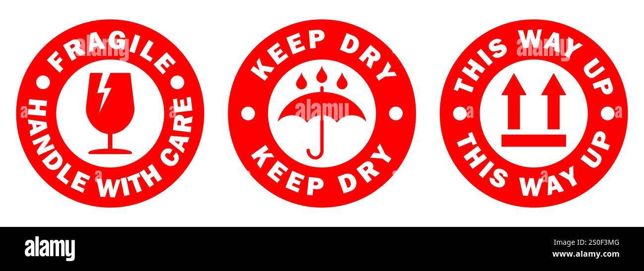 Fragile round circle stamp sticker icon symbol set. Handle with care logo sign. Keep dry, This ...